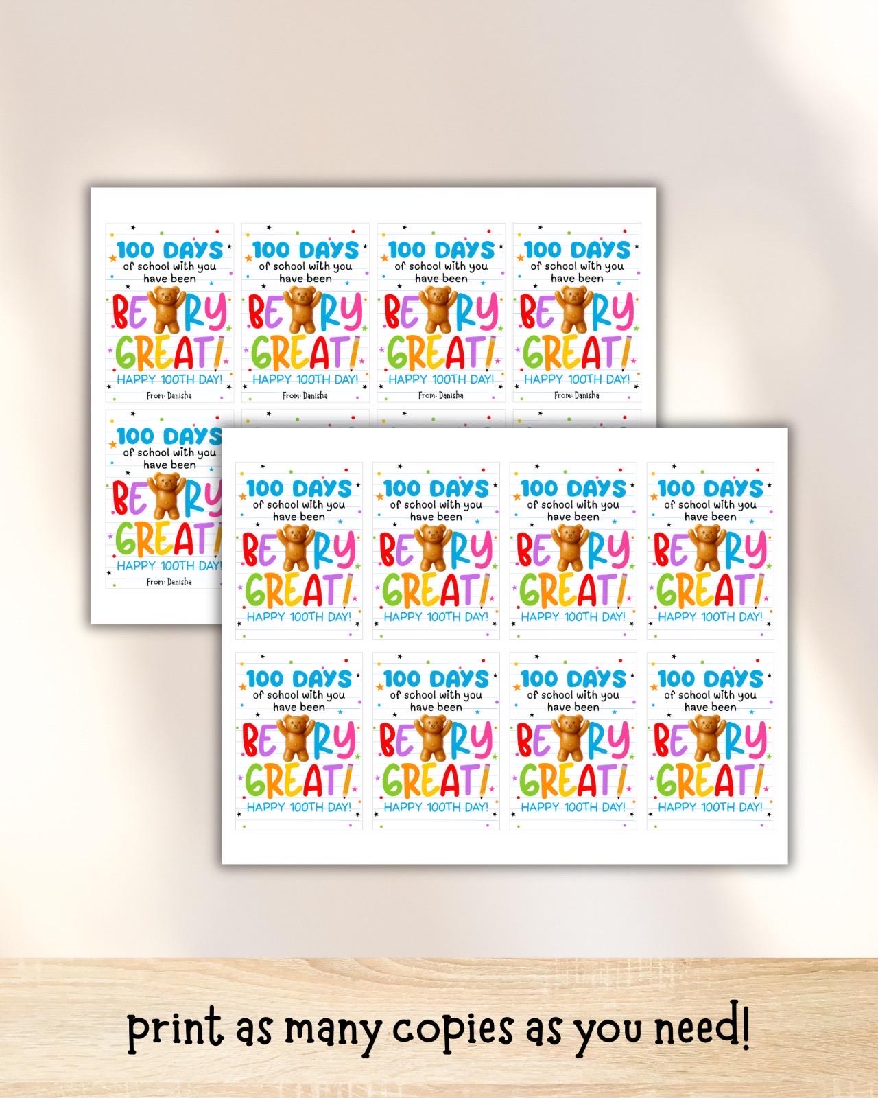 Printable 100 Days of School Tags 100th Day Printable Teddy Bear ...