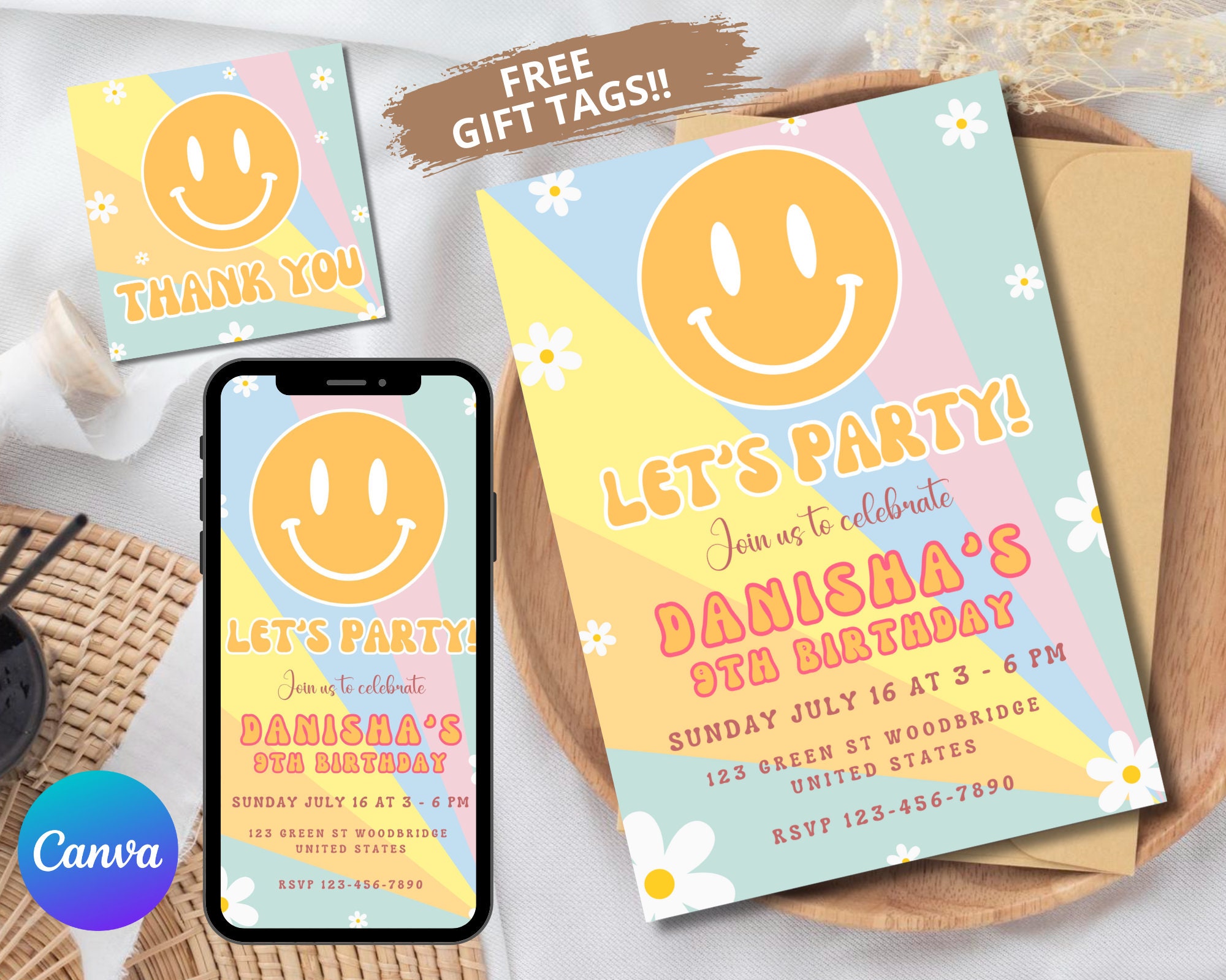 Editable Retro Daisy Smile Face Birthday Invitation, Pastel Smile Face ...