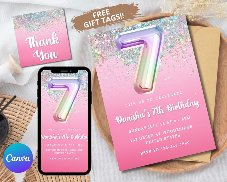 Editable Pink 7th Birthday Invitation Template Glitter Birthday Party ...