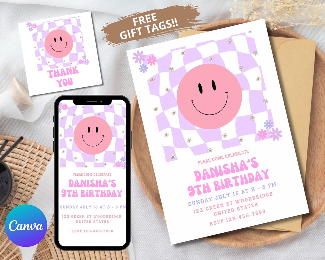 Editable Preppy Let's Celebrate Smile Face Birthday Invitation Template ...
