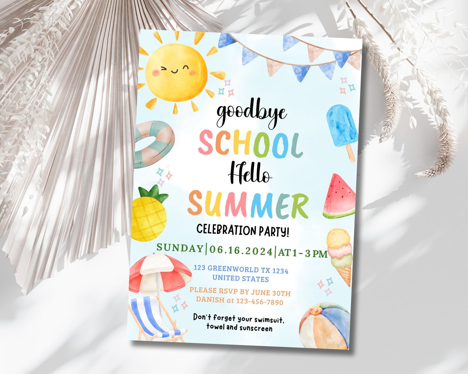EDITABLE End of School Party Invitation, Hello Summer, Goodbye Schools ...