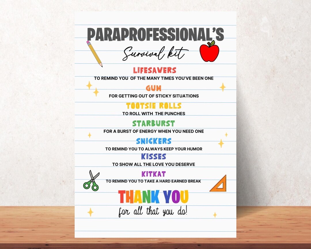 Paraprofessional Survival Kit Tag, Appreciation Gift Tags, Goodie Bag ...