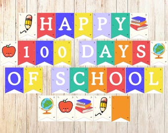 Happy 100 Days of School Banner, 100th Day of Kindergarten Bunting for ...