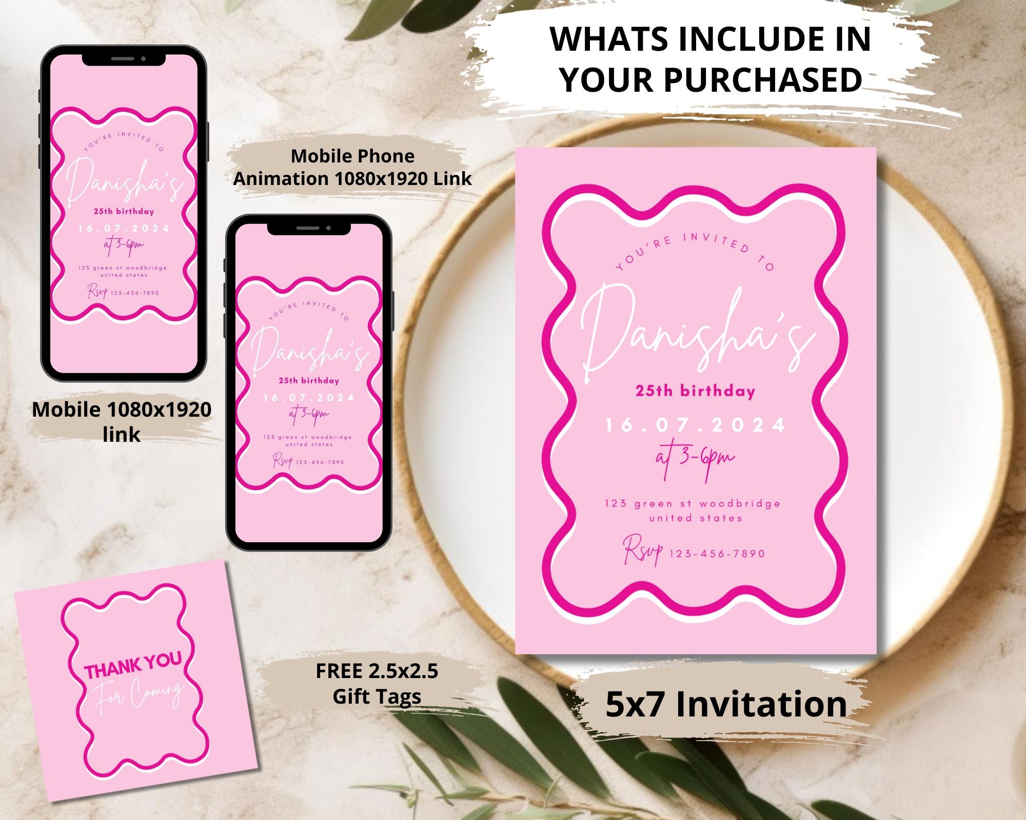 Editable Wavy Invitation, Pink Wavy Border Invitation, Pink Wavy Invite ...