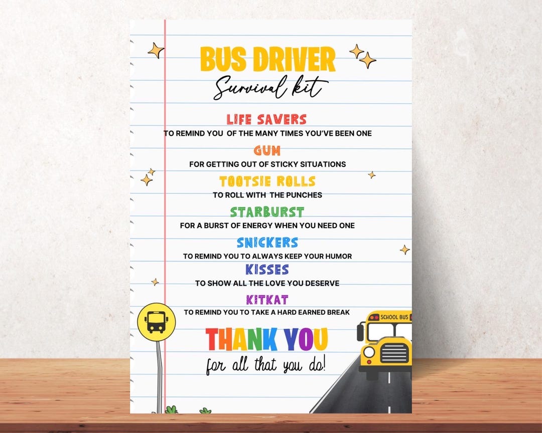 Bus Driver Survival Kit Thank You Card (digital Download) - Etsy