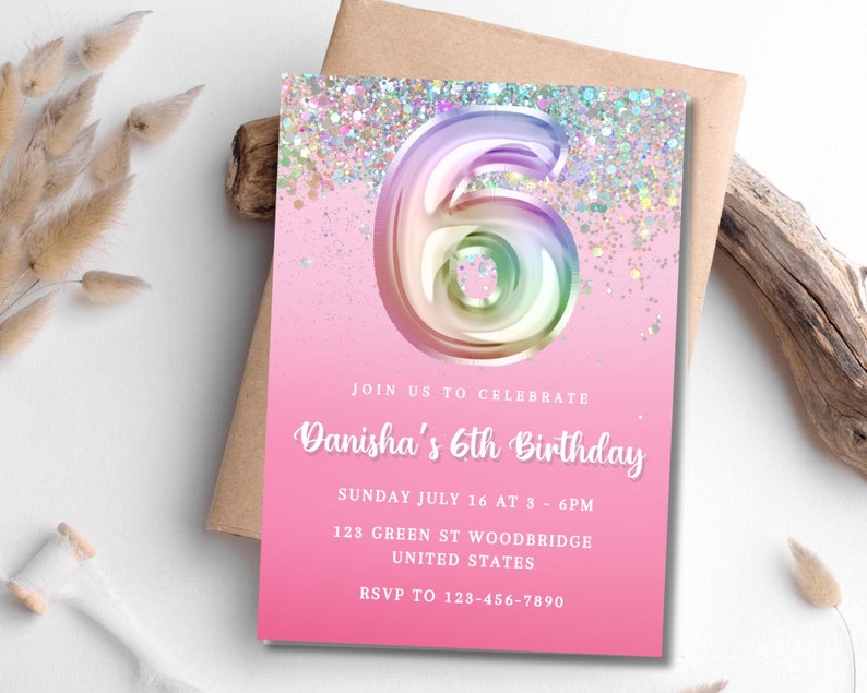 Editable Pink 6th Birthday Invitation Template Glitter Birthday Party ...