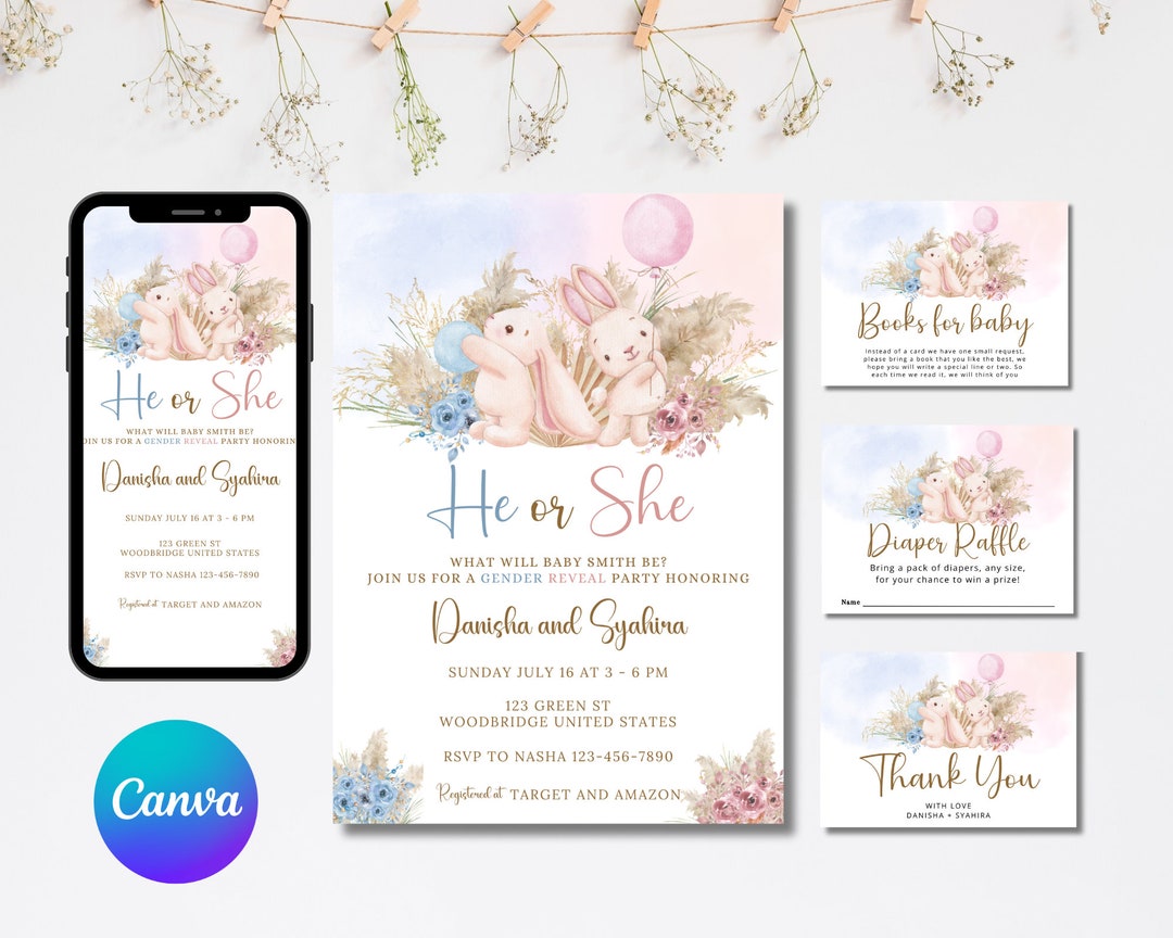 Editable Rabbit Gender Reveal Invitation,bunny Gender Reveal Invitation ...