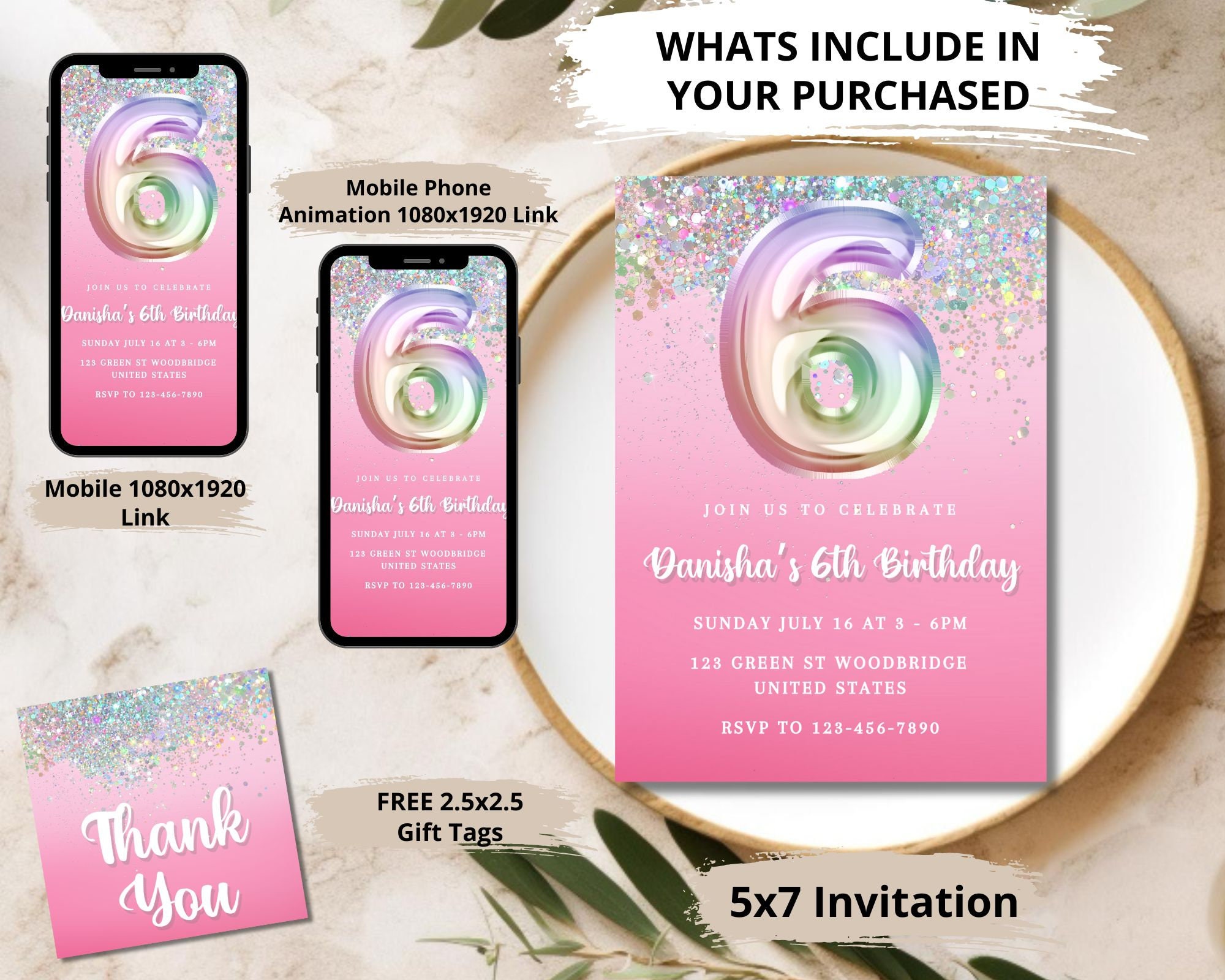 Editable Pink 6th Birthday Invitation Template Glitter Birthday Party ...