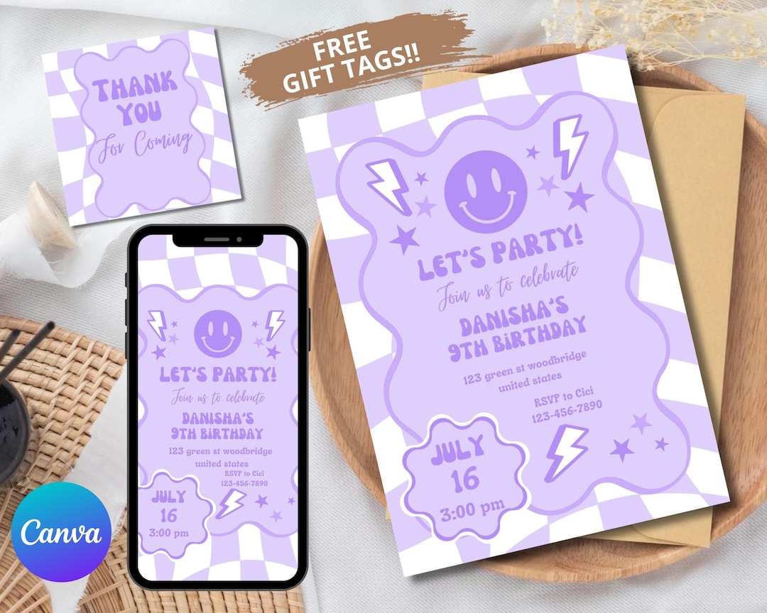 Purple Birthday Invites Girl, Preppy Invitation Template, Checkered ...