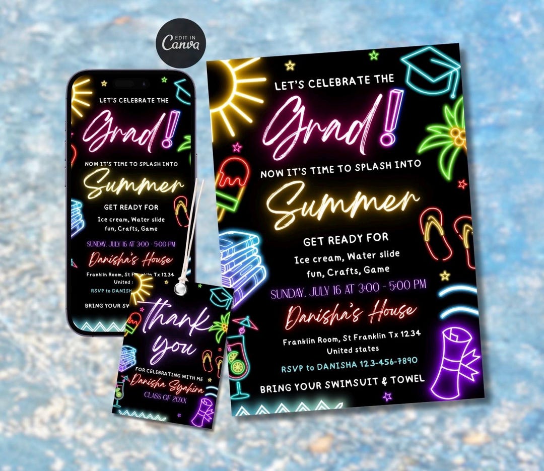 Splash Into Summer Grad Invite, Neon Splash Party Invite, Glow ...