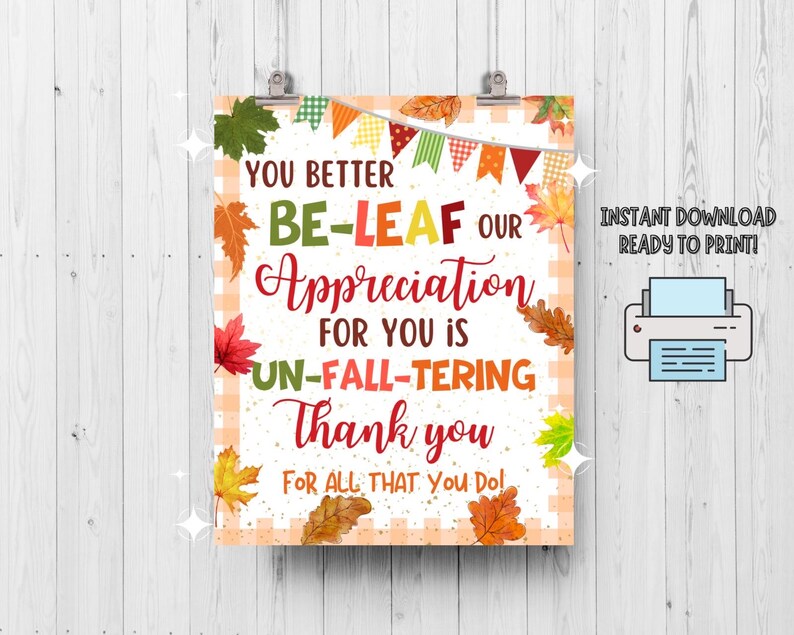 Fall Appreciation Sign, Autumn Leaf Thank You, School Pto Pta Gift ...