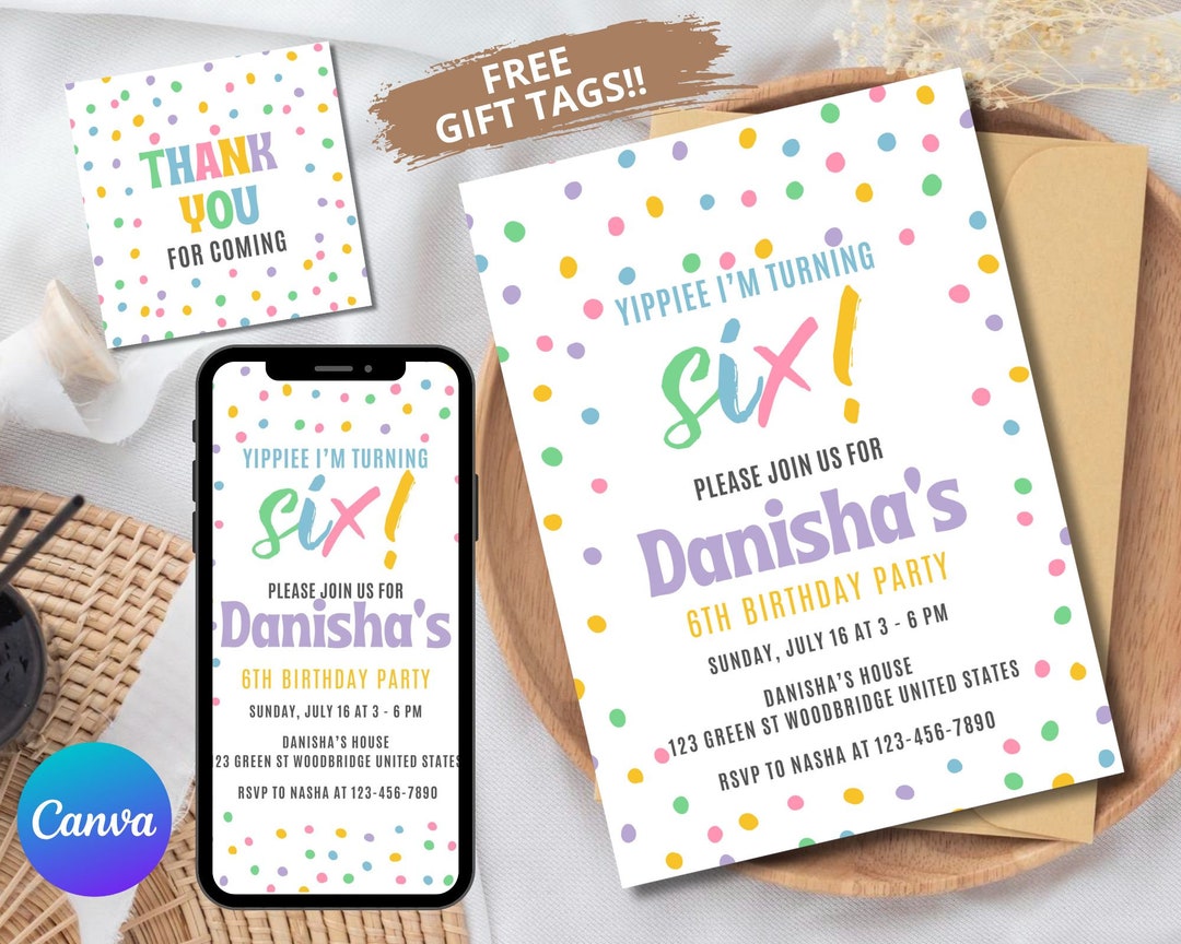 Editable 6th Birthday Invitation, Yippee I'm Six, Six Girls Birthday ...