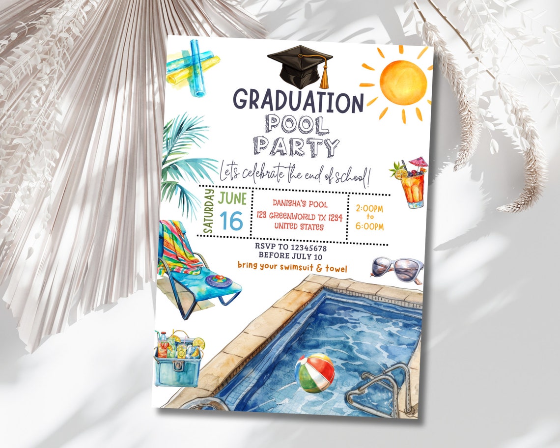 Graduation Pool Party Invitation Template, Editable Kindergarten Grad ...