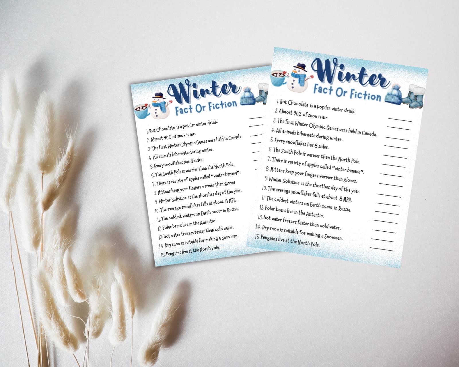 Winter Fact or Fiction Game for Teens & Adults, Winter True or False ...