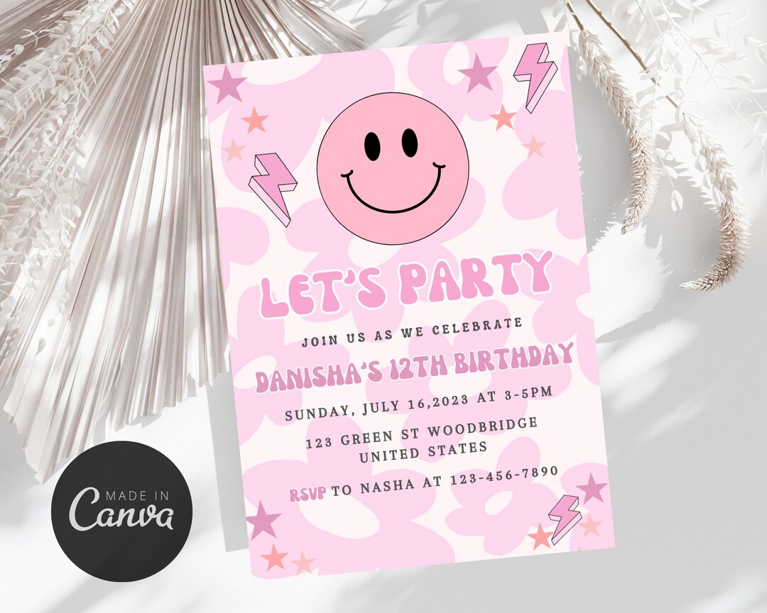Editable Preppy Let's Celebrate Smile Face Birthday Invitation Template ...