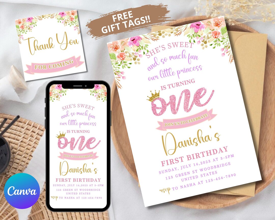 Editable Princess 1st Birthday Girl Invitation Template, Princess Party ...
