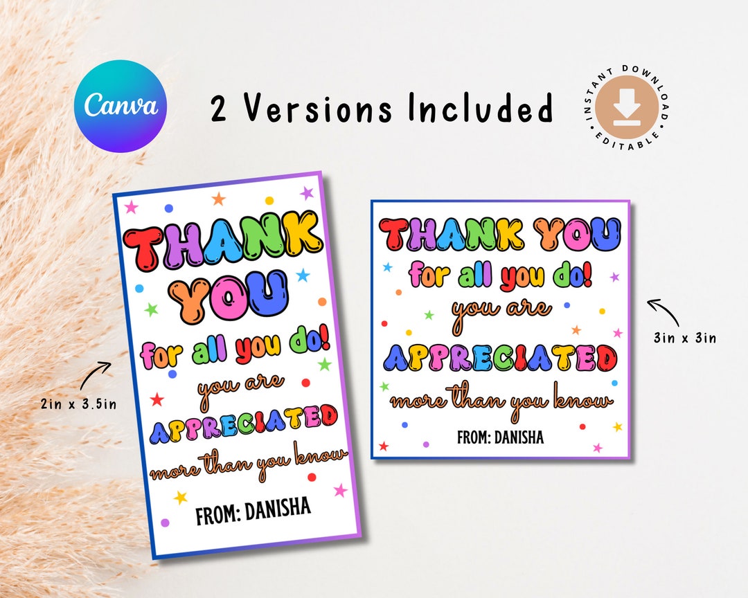 Thank You Gift Tag Template, Printable Appreciation Favor Tags ...