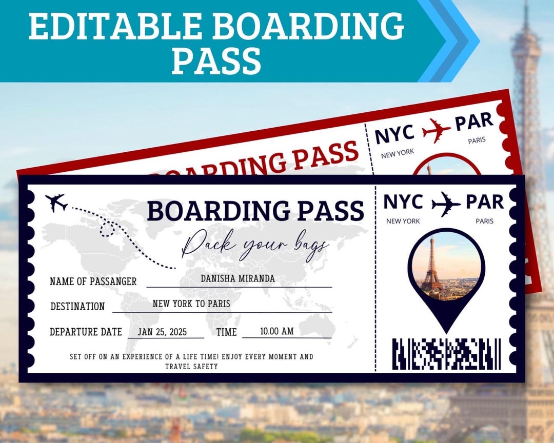 Printable Boarding Pass Airline Ticket Gift Surprise Trip Reveal ...