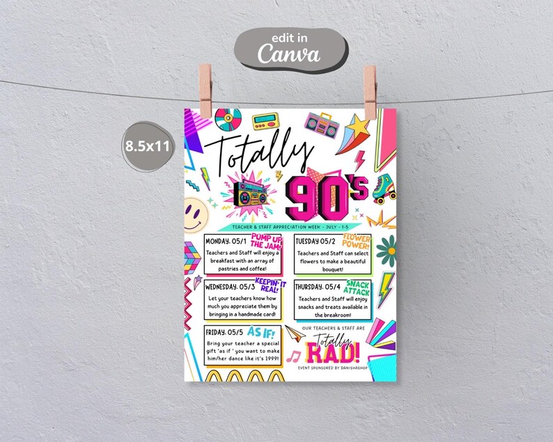 Editable 90s Theme Teacher Appreciation Week Itinerary (CANVA Template ...