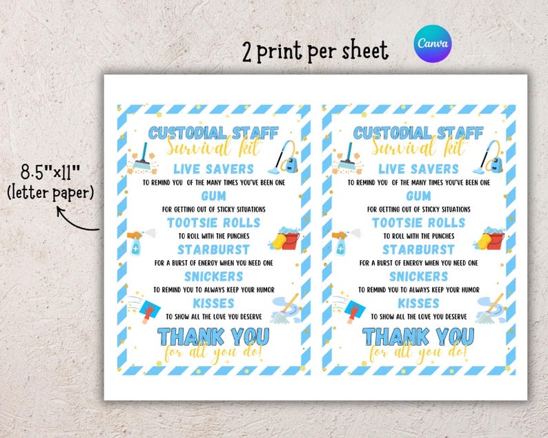 Custodian Staff Survival Kit Tag: Appreciation Gift (printable INSTANT ...