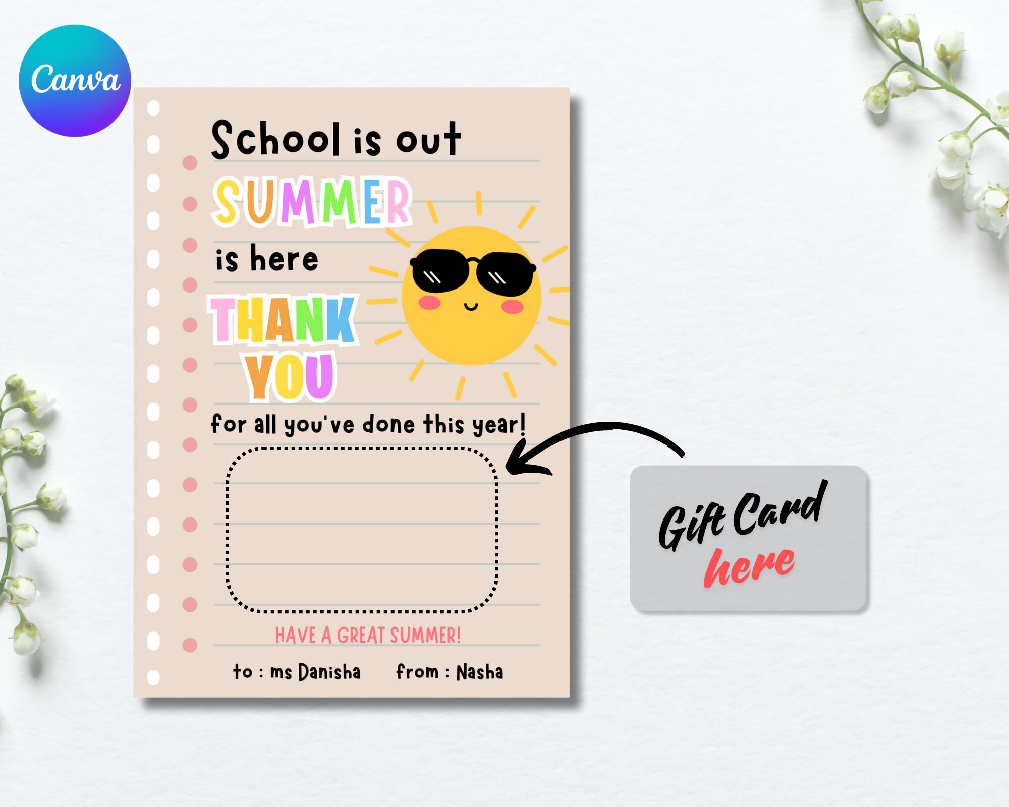Summer Teacher Gift Card Holder Template, Printable End of Year School ...