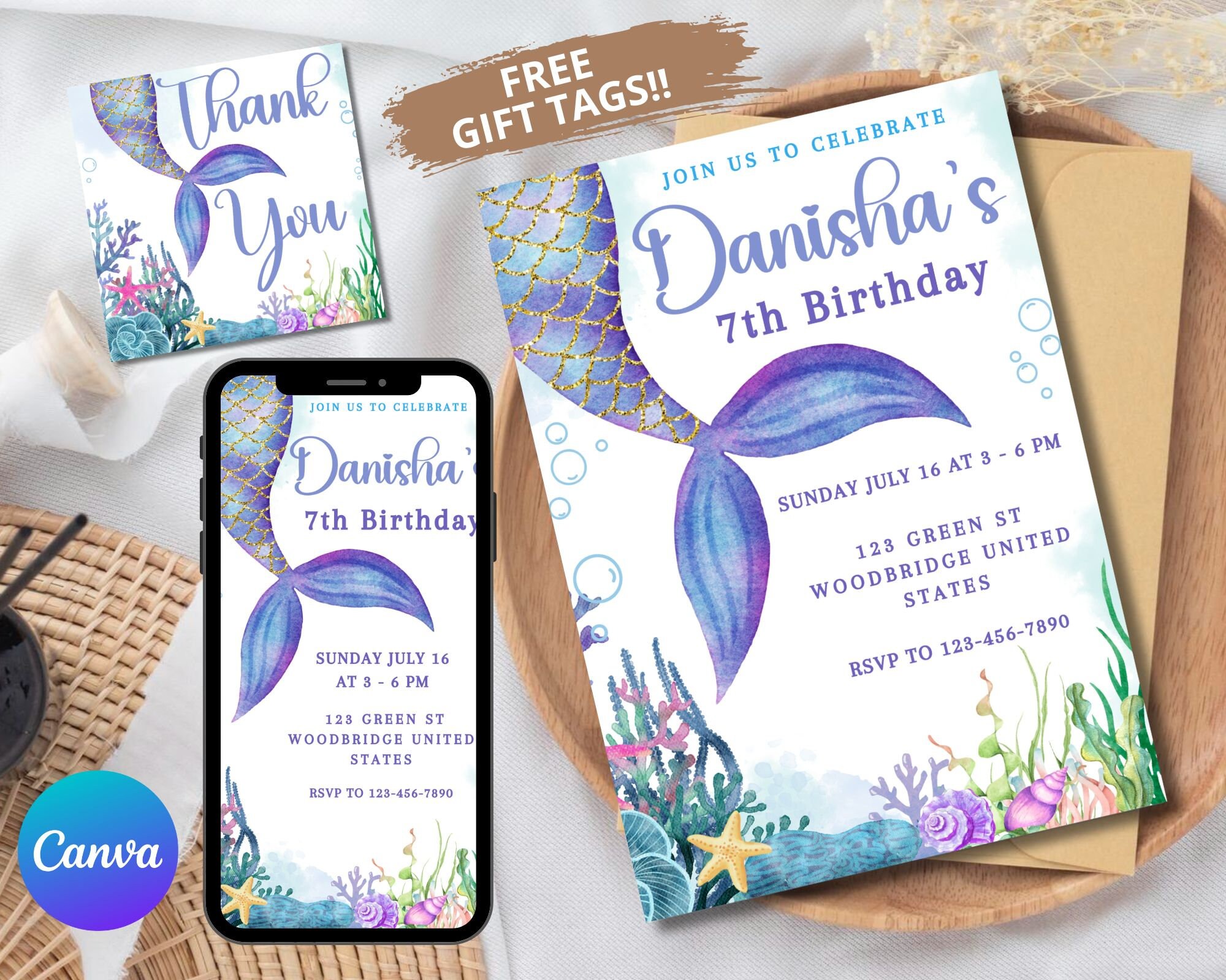 Editable Mermaid Birthday Invitation, Mermaid Invite, Under the Sea ...