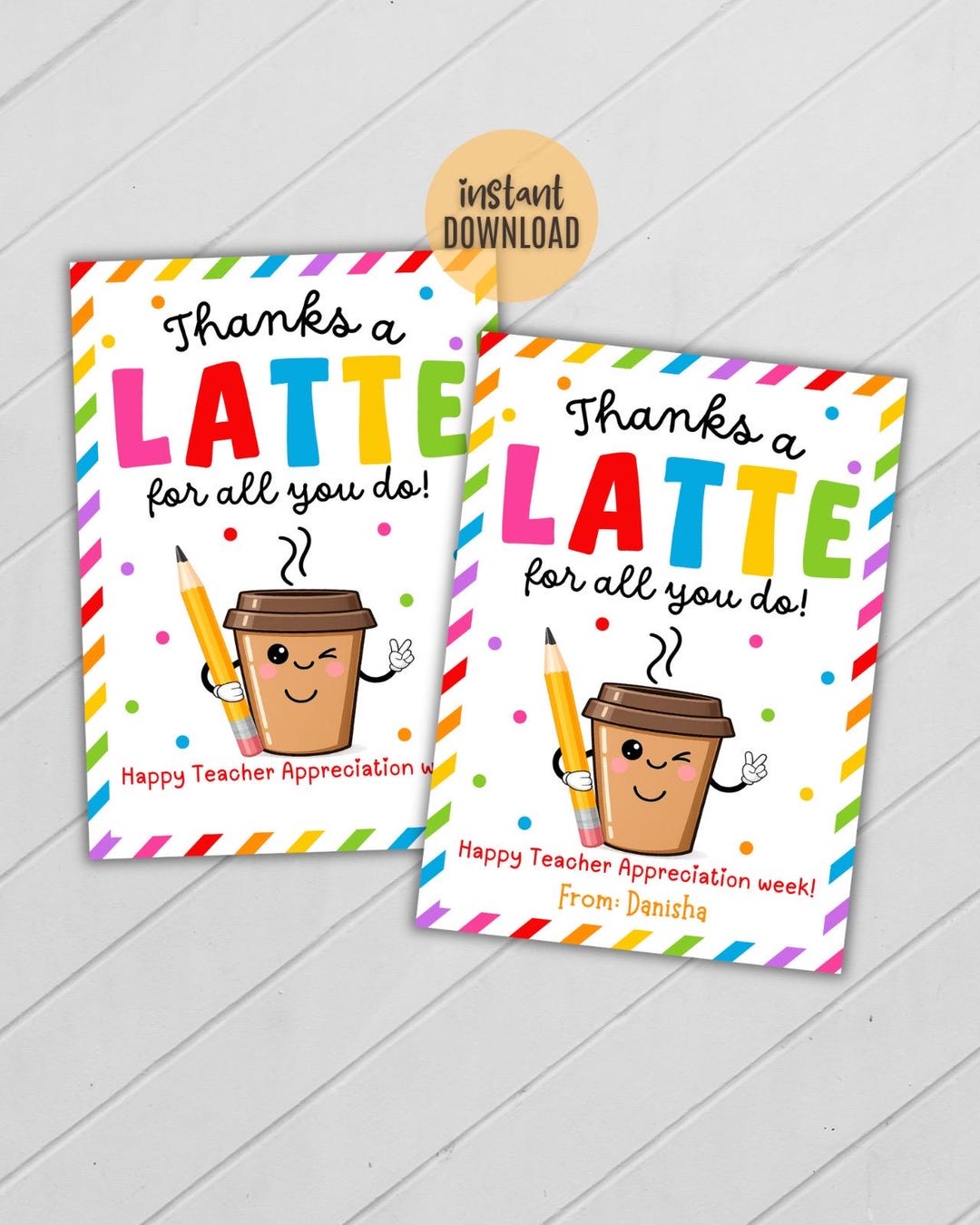 Thanks a Latte Teacher Appreciation Gift Tag, Printable Coffee Gifts ...