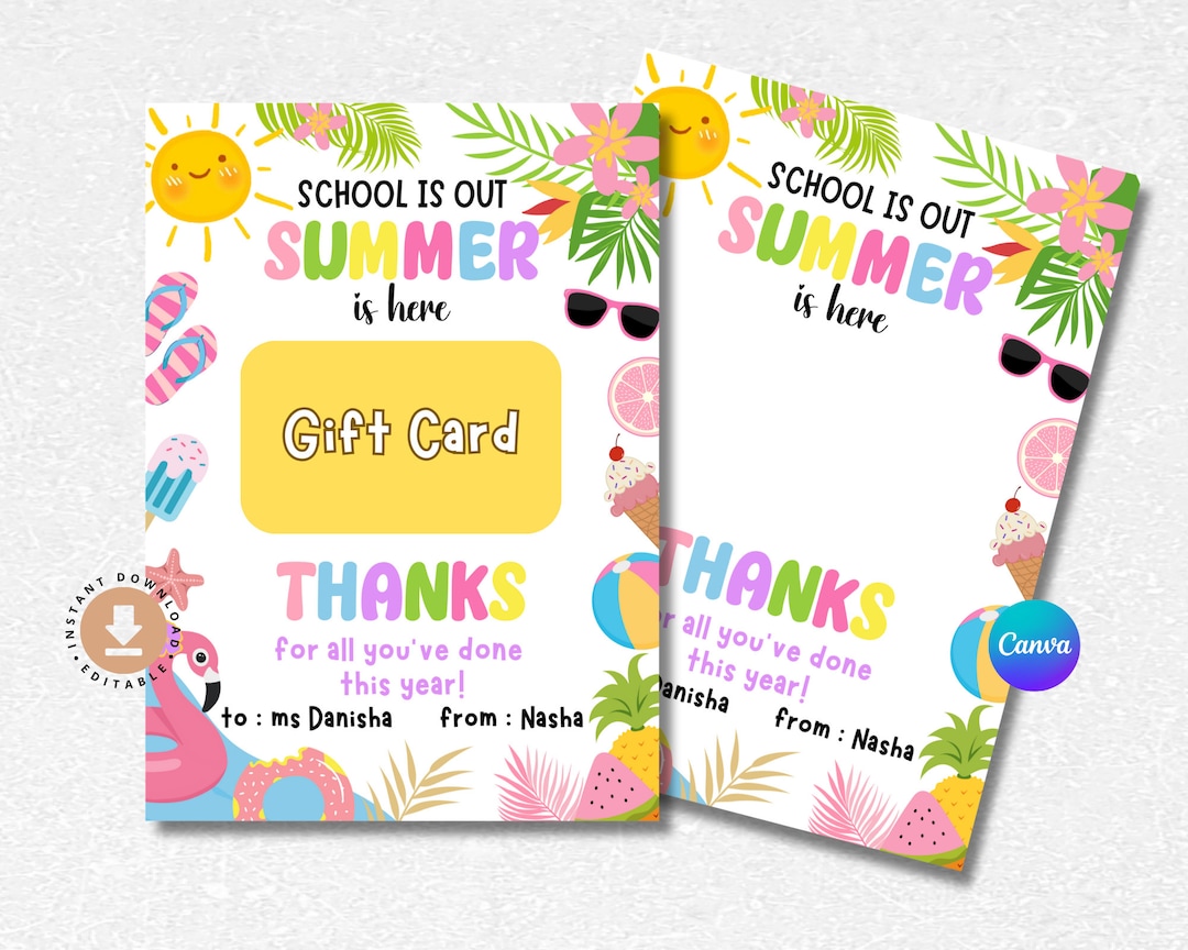 Editable Schools Out Summer is Here Teacher Appreciation Gift Card ...