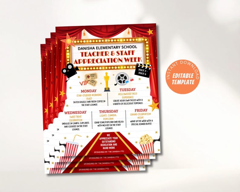 Hollywood Theme Teacher Appreciation Week Flyer Hollywood Editable ...