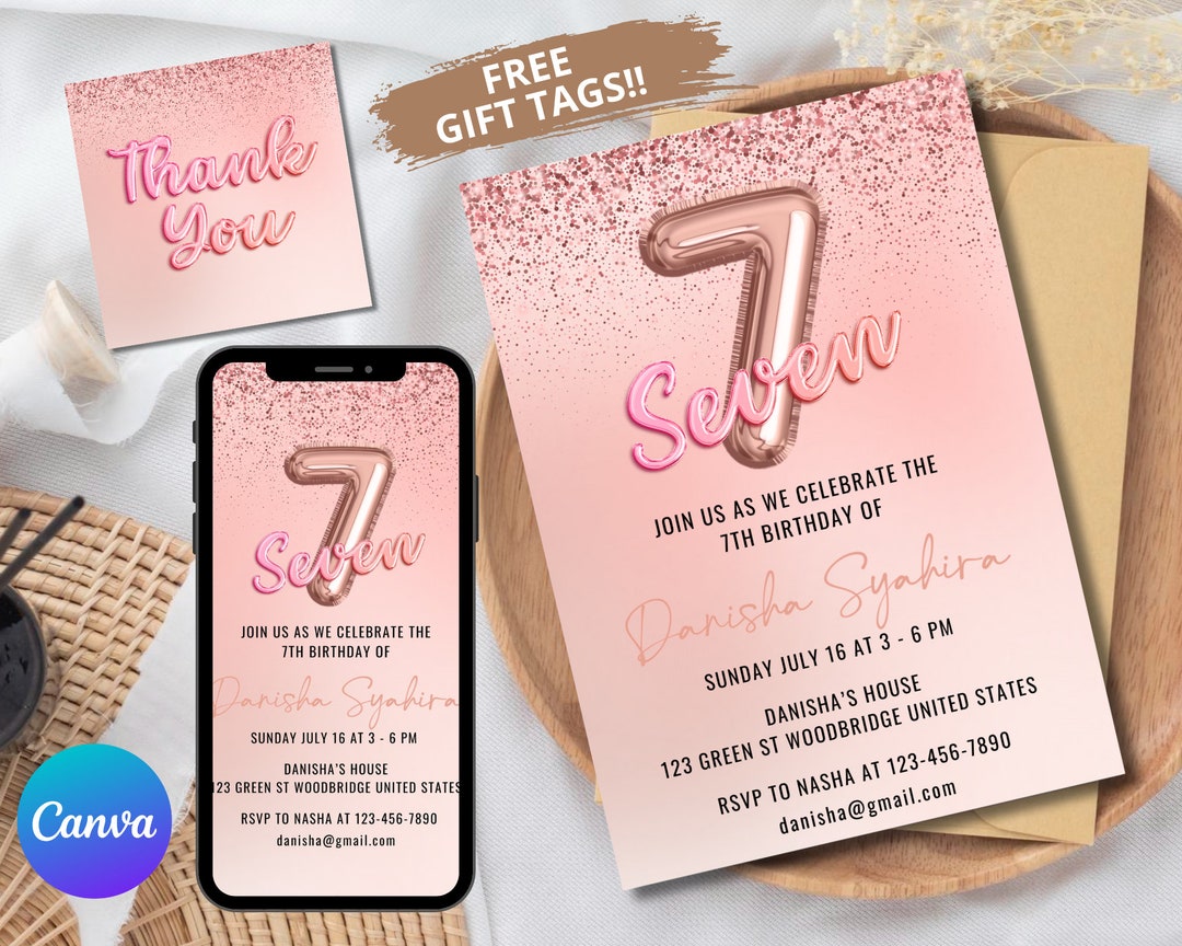 Editable 7th Birthday Invitation, Animated Seven Birthday Invite, 7th ...