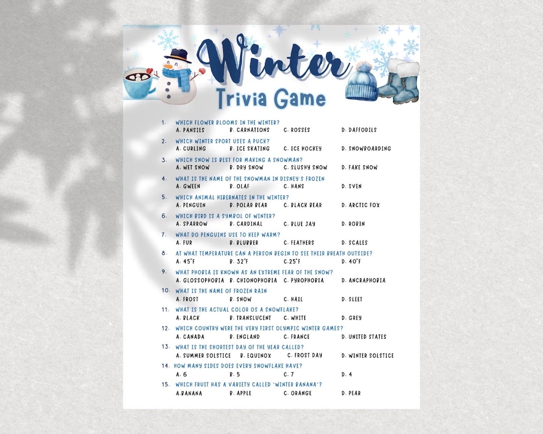 Winter Trivia Game, Printable Winter Games, Winter Game for Adults ...