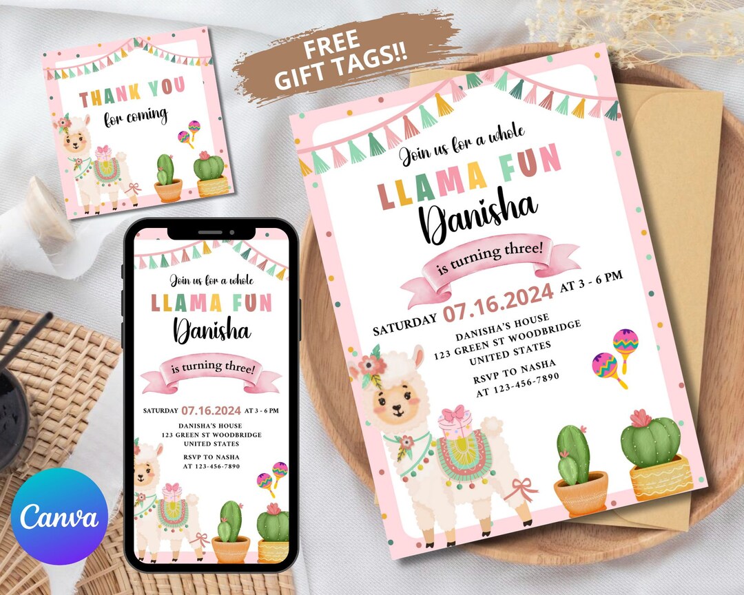 Editable Whole Llama Fun Birthday Invitation, Llama Cactus Girls Alpaca ...