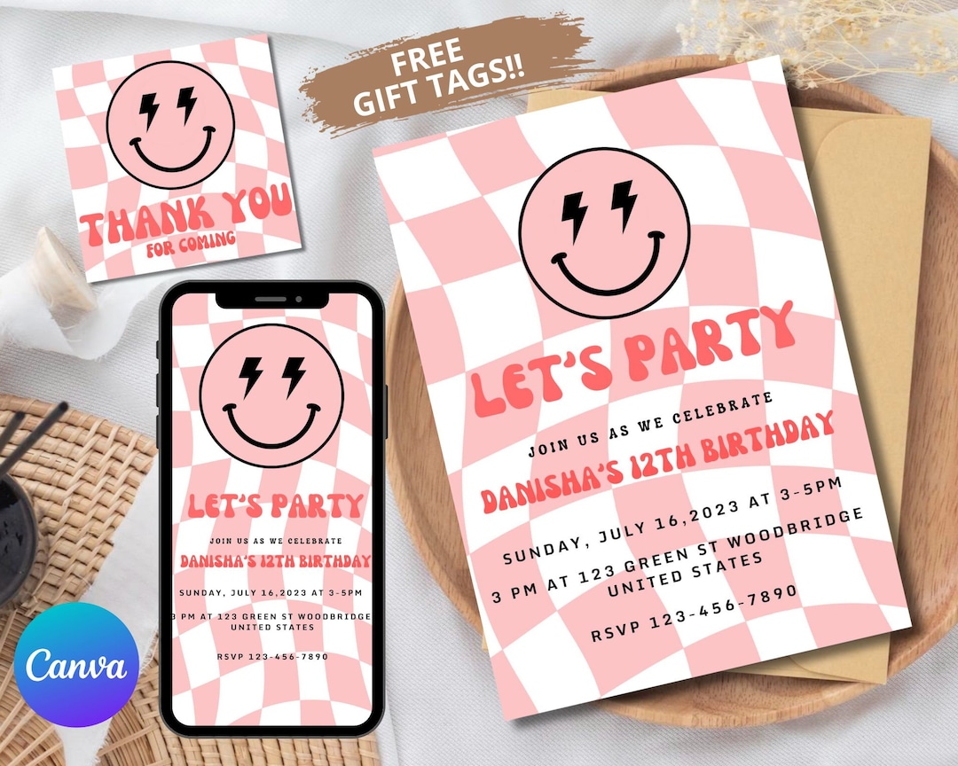 Editable Preppy Let's Celebrate Smile Face Birthday Invitation Template ...