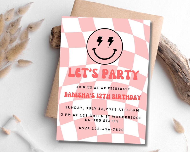 Editable Preppy Let's Celebrate Smile Face Birthday Invitation Template ...