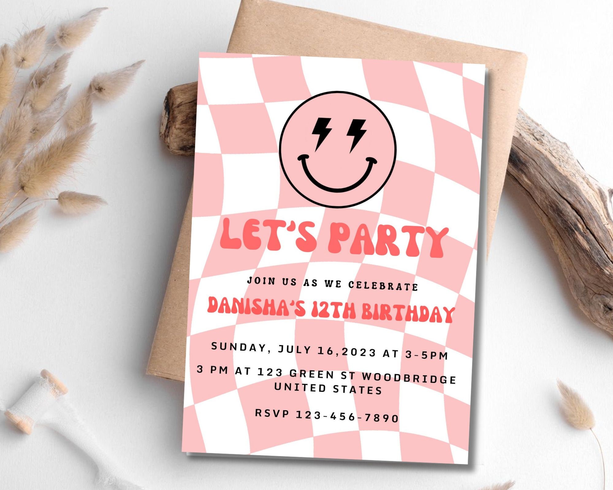 Editable Preppy Let's Celebrate Smile Face Birthday Invitation Template ...