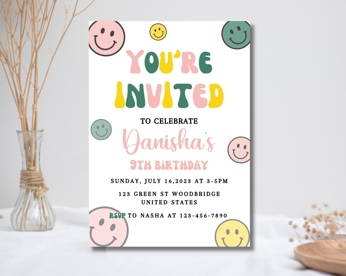 Editable Smileys Birthday Party Invitation Template, Smiley Faces ...