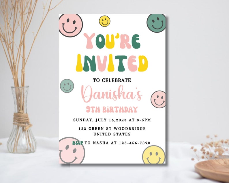 Editable Smileys Birthday Party Invitation Template, Smiley Faces ...