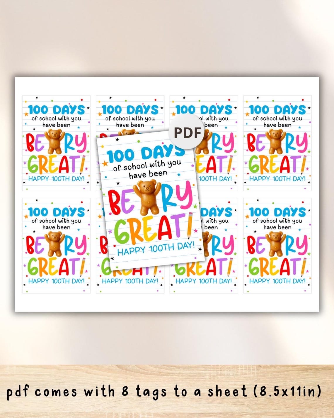 Printable 100 Days of School Tags 100th Day Printable Teddy Bear ...