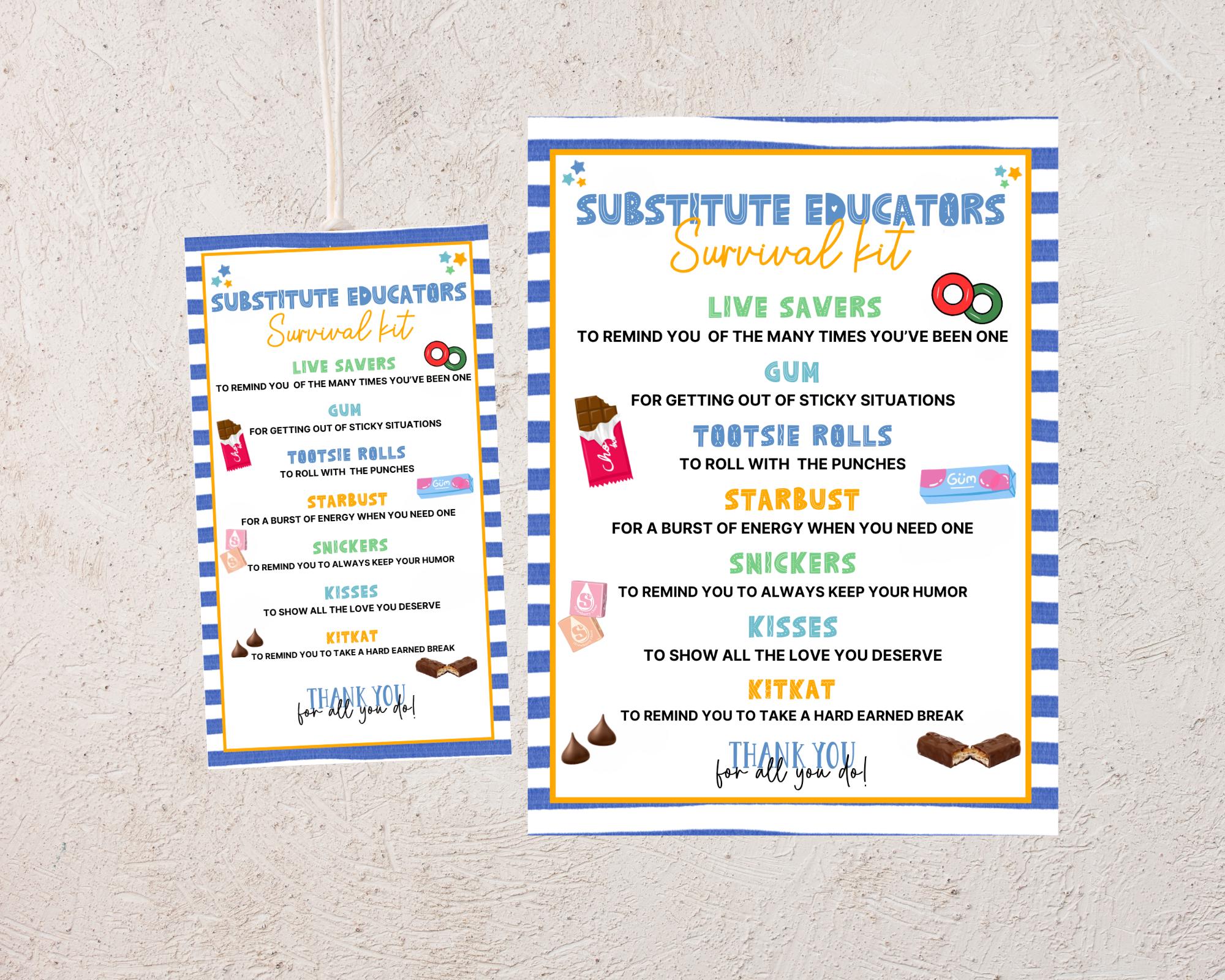 Substitute Teacher Survival Kit Gift Tags, Teacher Appreciation and ...