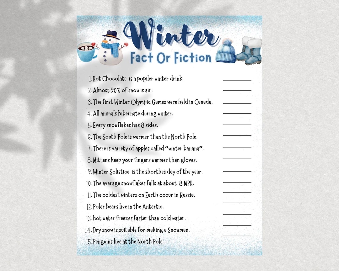 Winter Fact or Fiction Game for Teens & Adults, Winter True or False ...