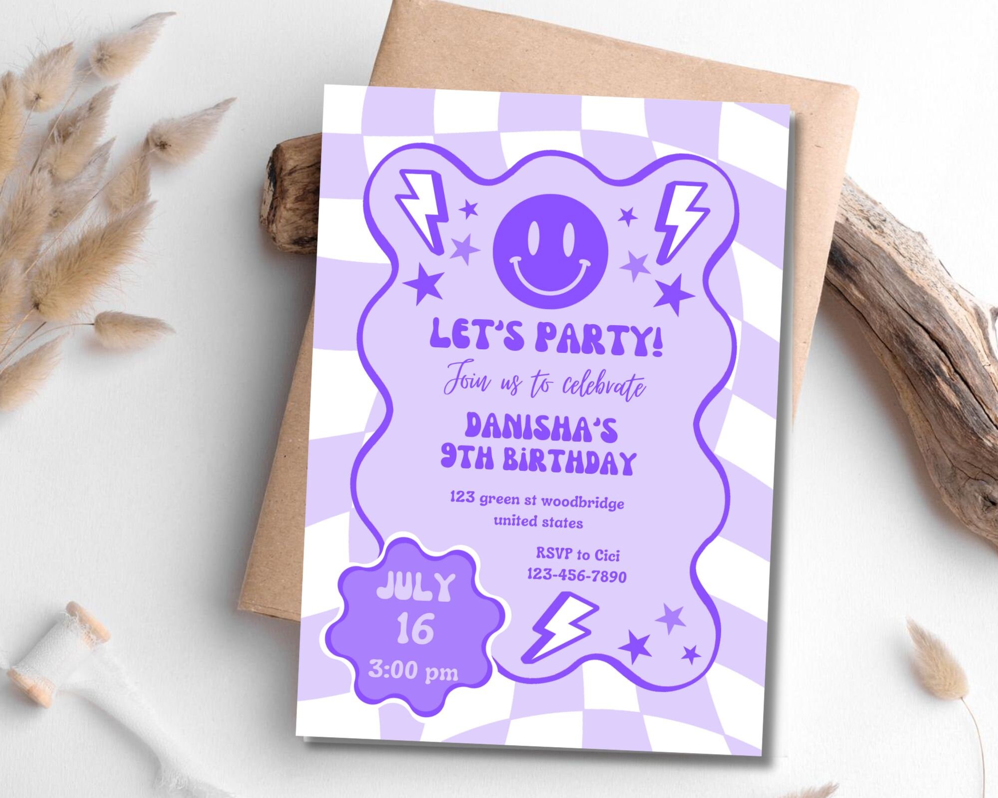 Purple Birthday Invites Girl, Preppy Invitation Template, Checkered ...