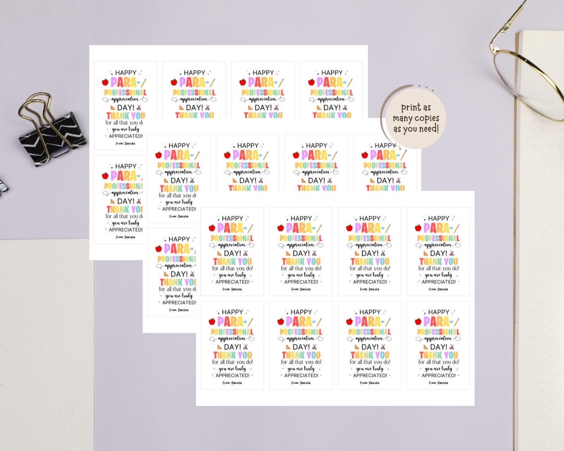 Paraprofessional Appreciation Day Tag: Printable Thank You Label ...