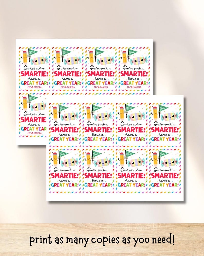 Back to School Smartie Candy Tag: Printable Class Favors (digital ...