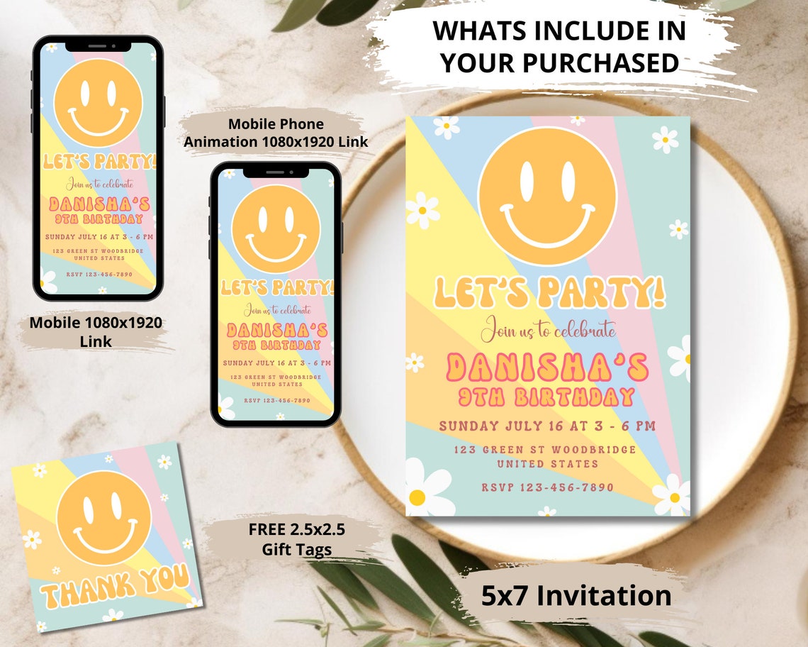 Editable Retro Daisy Smile Face Birthday Invitation, Pastel Smile Face ...
