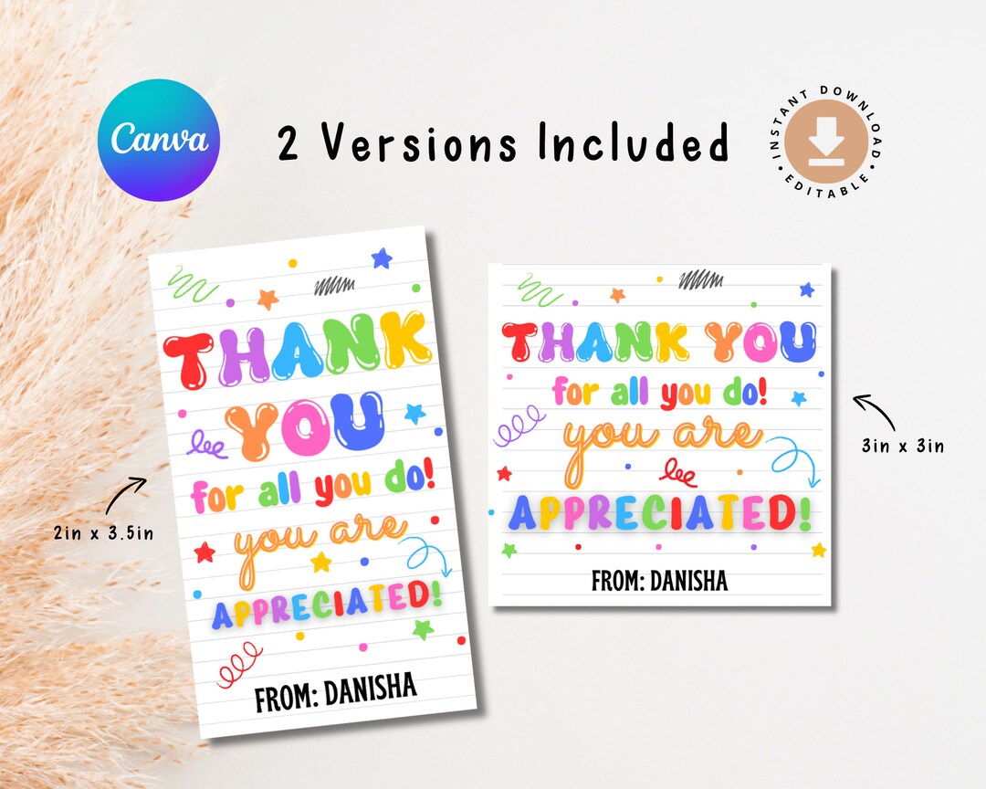 Thank You Gift Tag Template, Printable Appreciation Favor Tags ...
