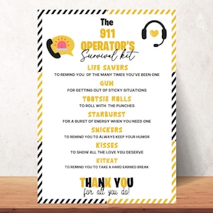 EDITABLE 911 Dispatcher's Survival Kit Tag, 911 Operator Thank You Gift ...