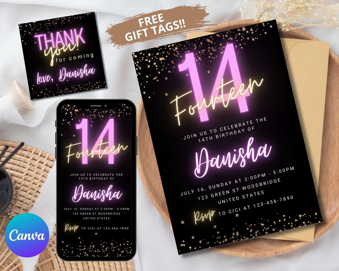 Editable Neon Birthday Invitation, 13th Birthday Invitation for Girl ...