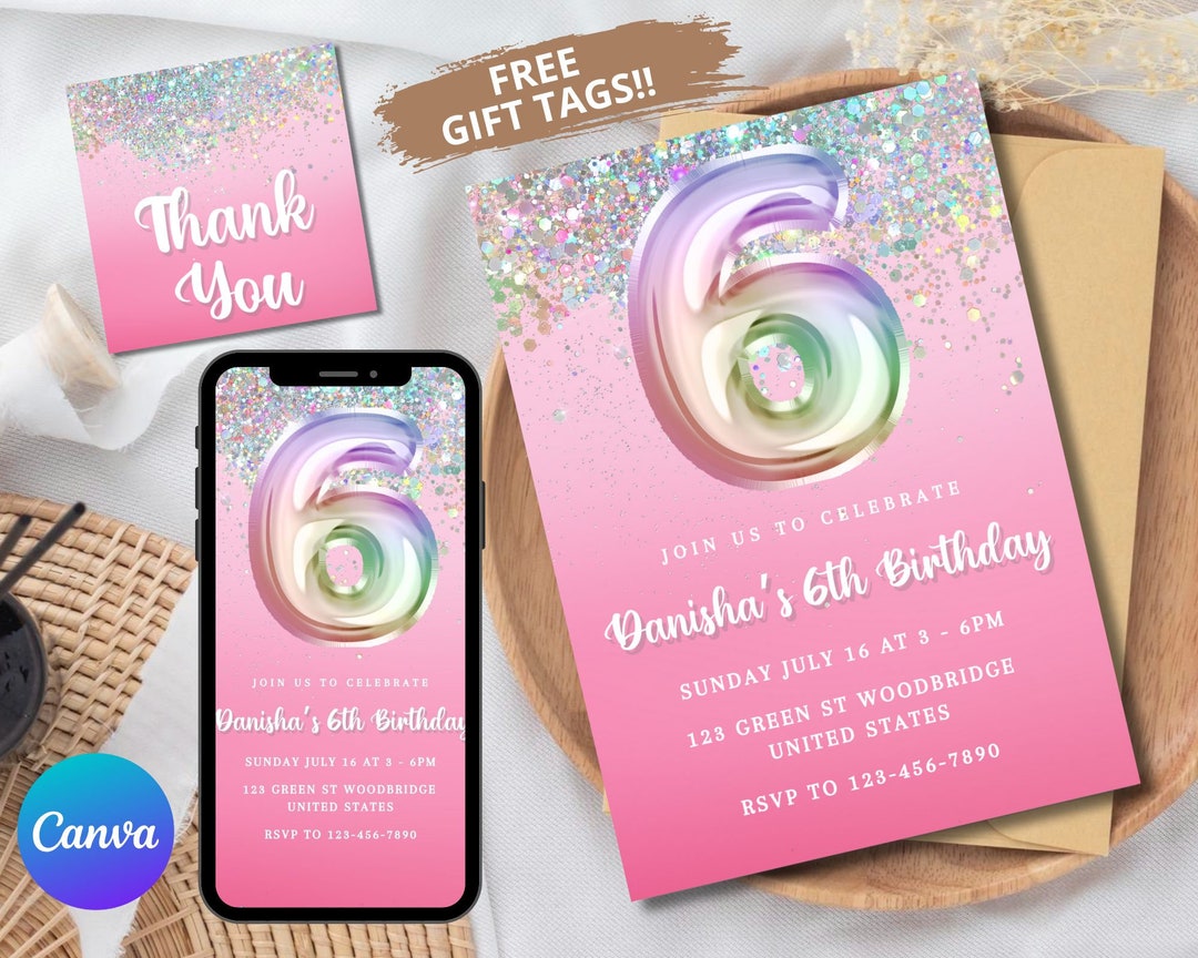 Editable Pink 6th Birthday Invitation Template Glitter Birthday Party ...