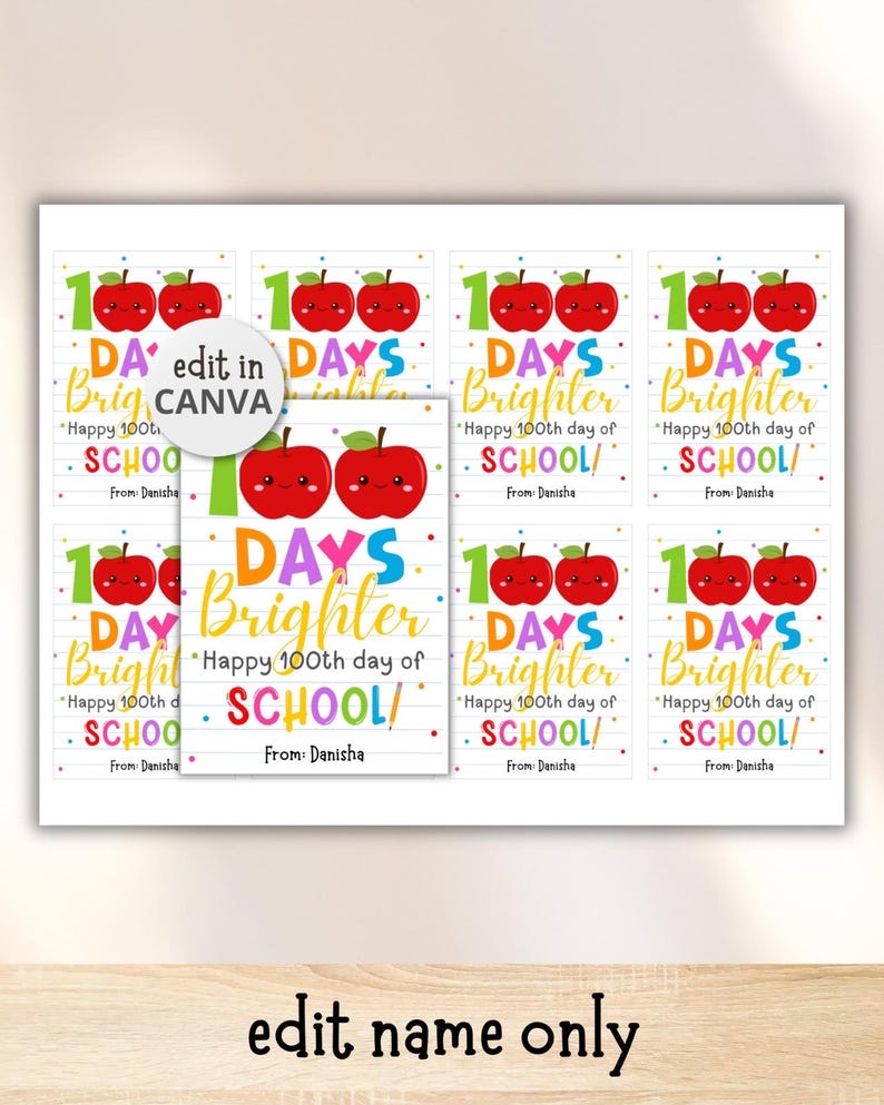 100 Days Brighter Tag: 100th Day of School Gift (instant Download ...
