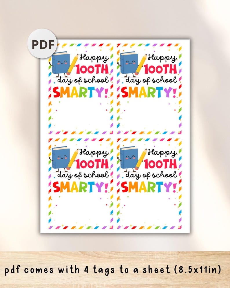 100 Days of School Smarties Tag, Printable Favor (digital Download) - Etsy